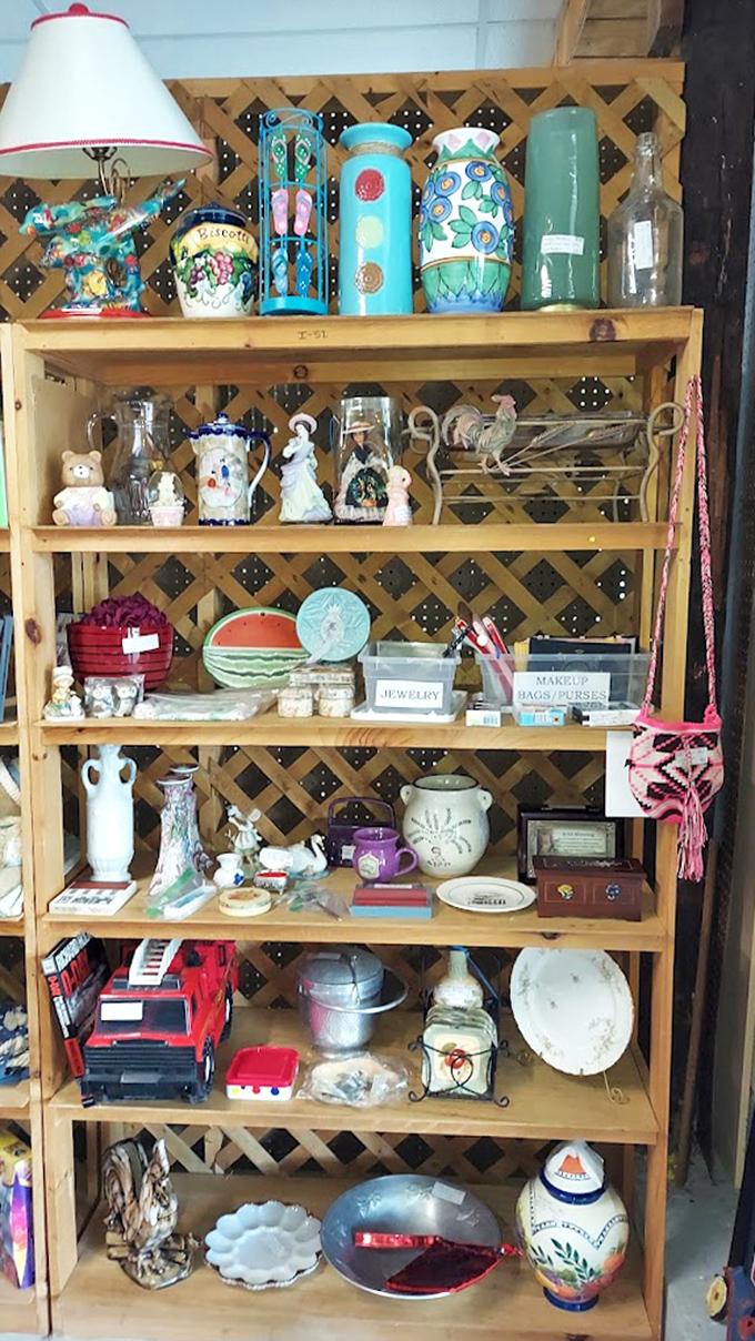 Each wooden shelf tells a story through colorful ceramics and figurines, arranged like a museum of everyday Americana.