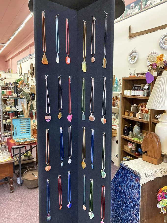 Nature's artwork on display! These colorful gemstone pendants transform ordinary outfits into conversation pieces faster than you can say "compliment magnet."