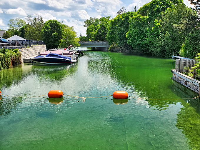 This emerald waterway through town flows like nature's own peaceful highway, boats gliding like gentle dreams.