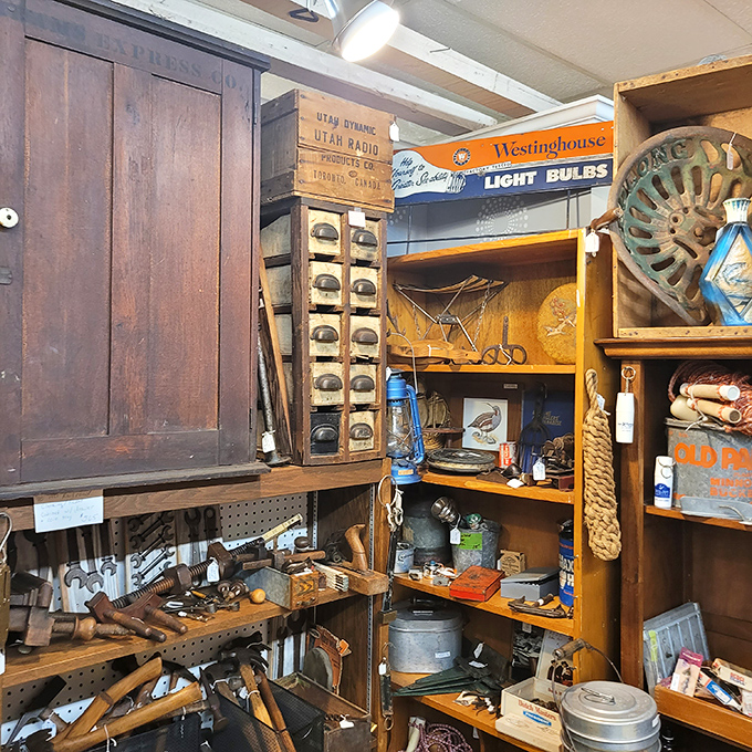 Tool heaven for the historically inclined handyman. That blue kerosene lamp isn't just functional&mdash;it's a conversation starter that outshines any modern flashlight.