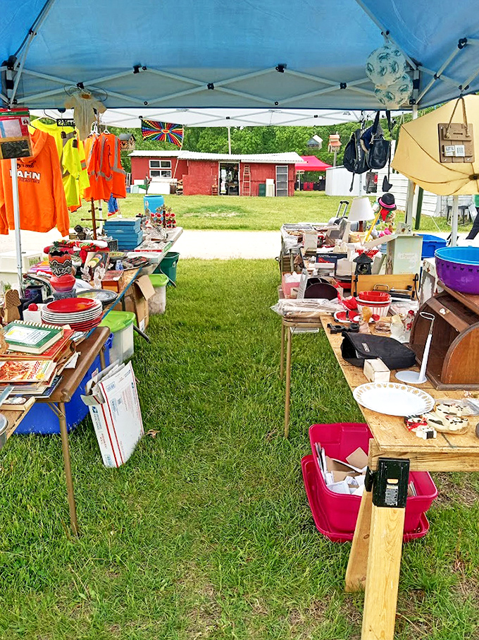 Every table tells a story. Under this blue canopy, yesterday's kitchenware awaits its second act in someone else's memory-making. 