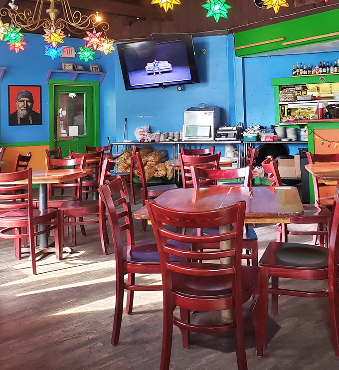 Inside, a fiesta of colors greets you with star-shaped lanterns casting a warm glow over wooden tables where countless Tex-Mex memories have been made.
