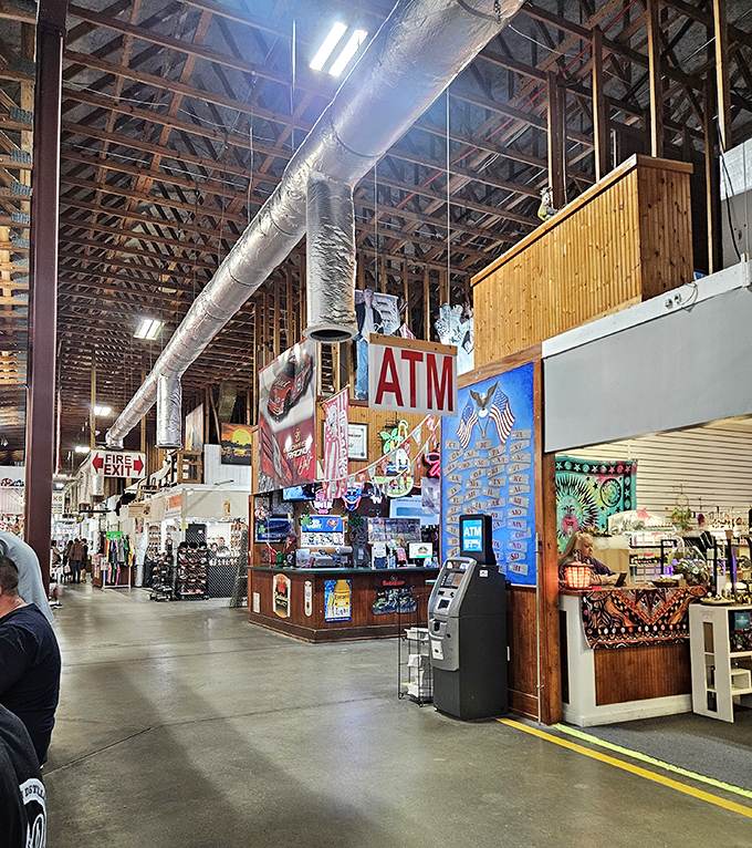 Exposed wooden beams and industrial ductwork create the perfect backdrop for treasure hunting. It's like a cathedral dedicated to the art of the deal.