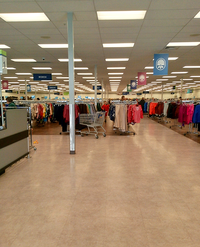 The women's clothing section&mdash;organized by color and type&mdash;creates a rainbow road of possibilities for fashion-forward bargain hunters.
