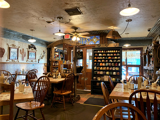 Step inside and the rustic interior whispers stories of miners and pioneers while Windsor chairs and vintage memorabilia create the perfect comfort food backdrop.