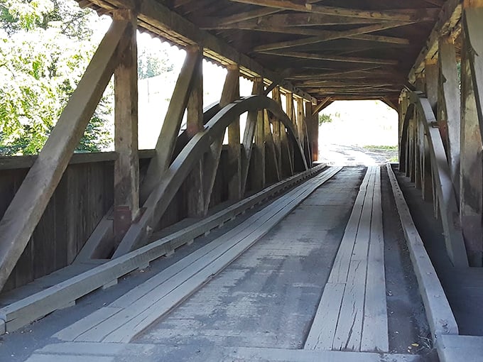 Inside this wooden time machine, sunlight plays between beams like nature's own light show, revealing craftsmanship from a more patient era.