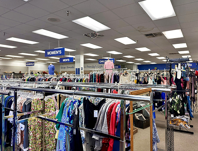Organized chaos at its finest! The clothing section stretches as far as the eye can see, with color-coded racks making treasure hunting a breeze.
