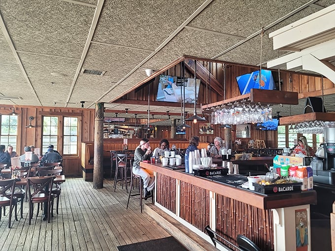 Inside Surf Hut, rustic wooden beams and natural light create that rare atmosphere where "casual" and "perfect" become synonymous.