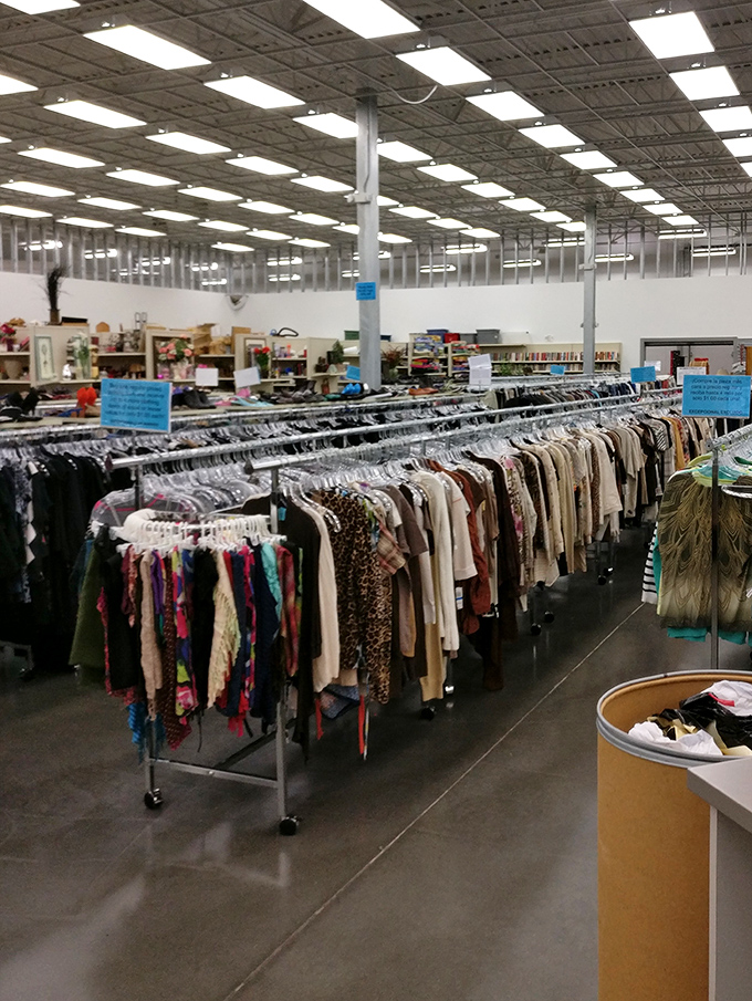 Endless racks stretch toward industrial ceilings, creating a textile galaxy where fashion finds orbit at prices that defy retail gravity.