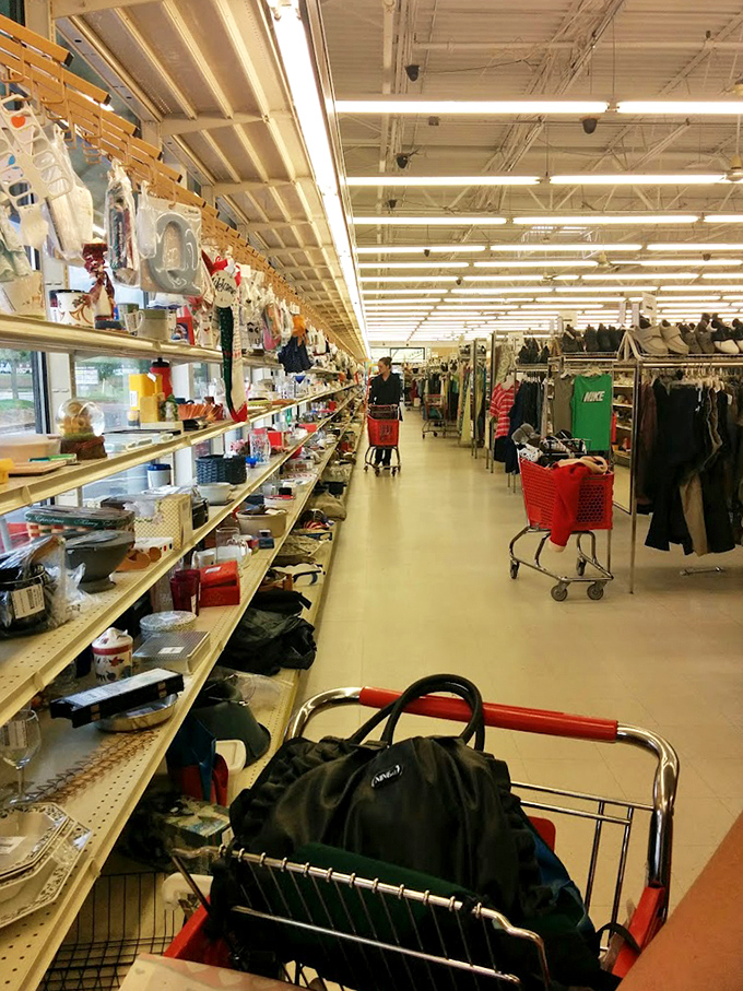 Endless aisles stretch toward retail infinity as shoppers navigate their red carts through a sea of possibilities. Each shelf holds someone's past waiting to become your future find.