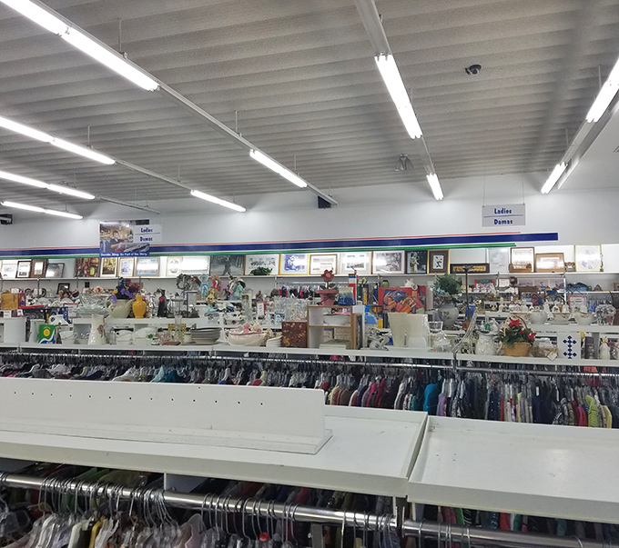 Rack after colorful rack &ndash; the clothing section resembles a textile rainbow where yesterday's fashion finds tomorrow's admirer.