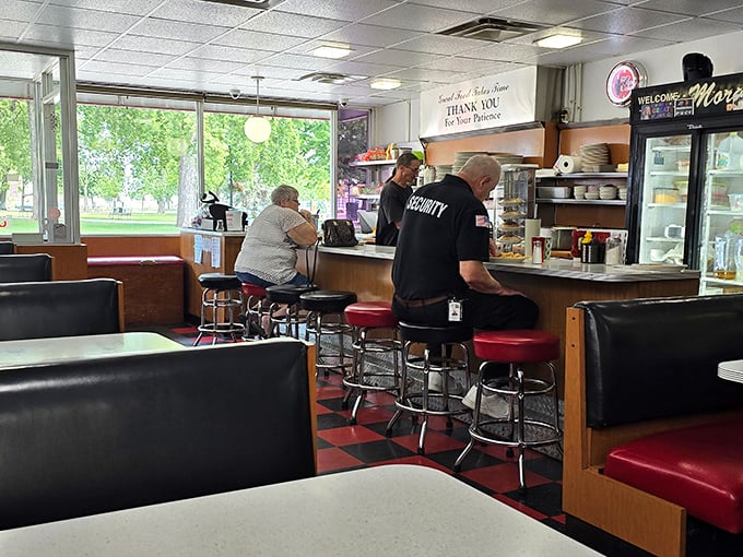 Counter seats at Morg's offer front-row tickets to the breakfast show, where regulars and staff exchange the daily news between coffee refills.