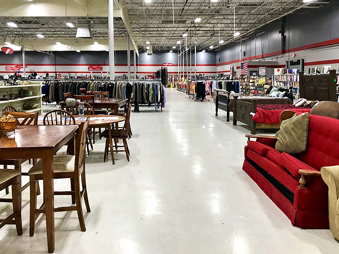 Aisles that stretch into infinity, where furniture, clothing, and forgotten treasures await their second chance at bringing joy to someone's home.