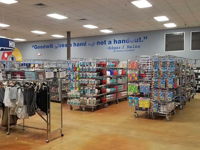 Color-coded organization transforms chaos into opportunity. Like a thrift store Dewey Decimal system, everything has its place in this bargain wonderland.
