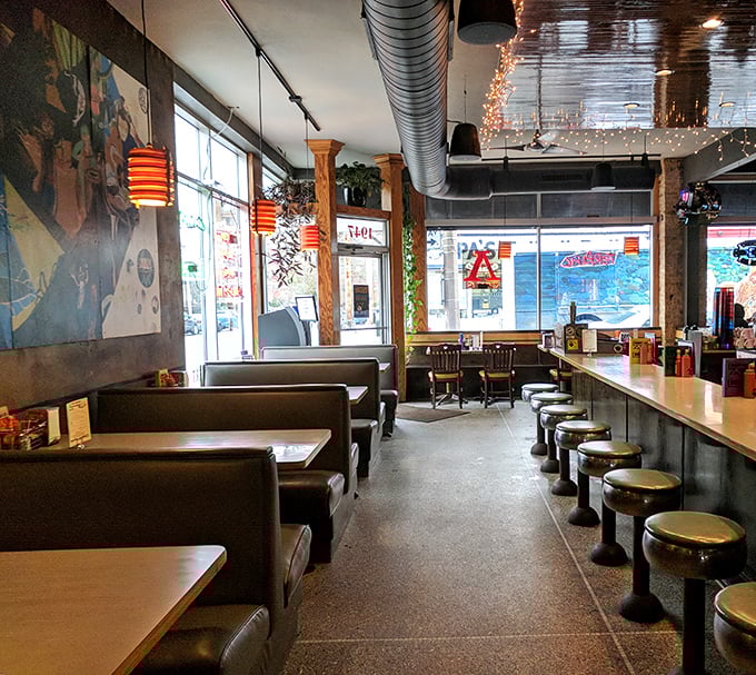 Retro meets industrial inside Comet Cafe, where leather booths and counter seating create the perfect backdrop for serious comfort food consumption.