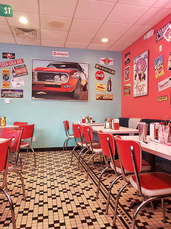 Red vinyl chairs and turquoise walls create the perfect backdrop for your own personal episode of "Happy Days"&mdash;no audition required.