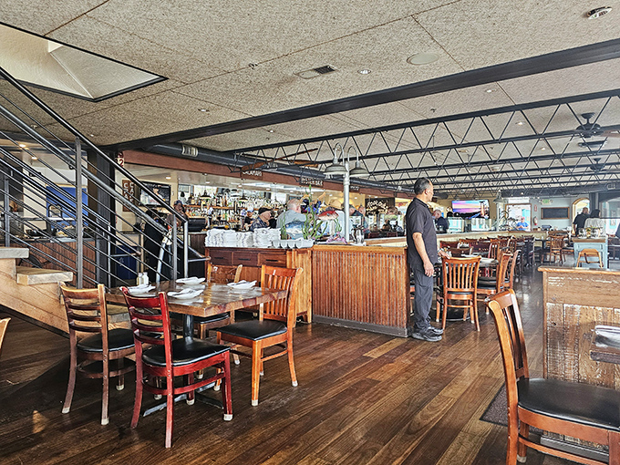 The warm wood interior feels like the captain's quarters of a luxury yacht, minus the seasickness and with infinitely better food.