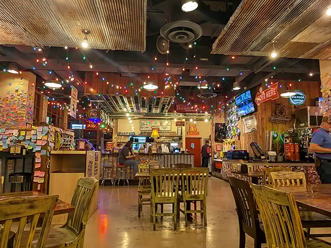 Step inside to a wonderland of colorful string lights, customer notes, and the unmistakable promise of burger bliss hanging in the air.