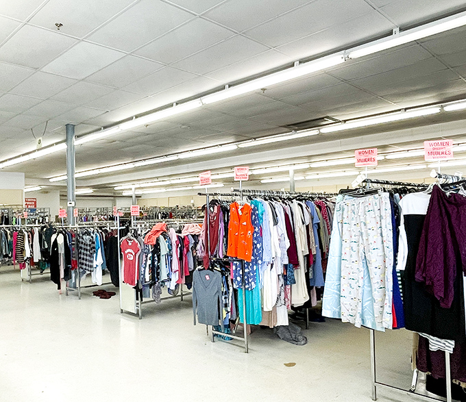 A sea of clothing racks stretches to the horizon, each hanger a potential "where have you been all my life?" moment waiting to happen.