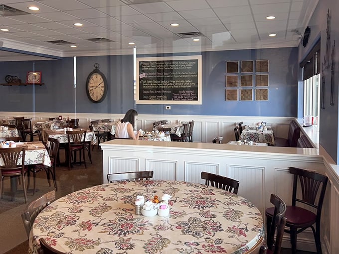 Blue walls, wooden wainscoting, and floral tablecloths create the perfect trifecta of comfort&mdash;like breakfast at your favorite aunt's house, if your aunt were a culinary genius.