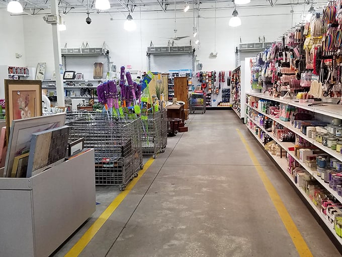 Yellow-lined aisles stretch toward retail infinity, where yesterday's impulse buys await their second chance at usefulness.