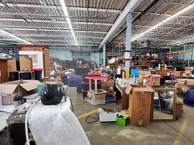 Organized chaos at its finest. This behind-the-scenes glimpse shows the sorting area where yesterday's castoffs begin their journey to becoming tomorrow's treasures.