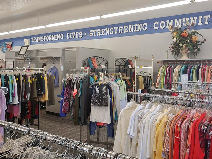 Racks upon colorful racks &ndash; the clothing section is organized with military precision but with the soul of an artist's palette.