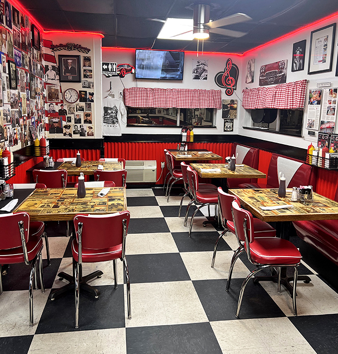 The quintessential American diner experience: checkered floors, red vinyl booths, and walls plastered with memories &ndash; calories and nostalgia served in equal measure.