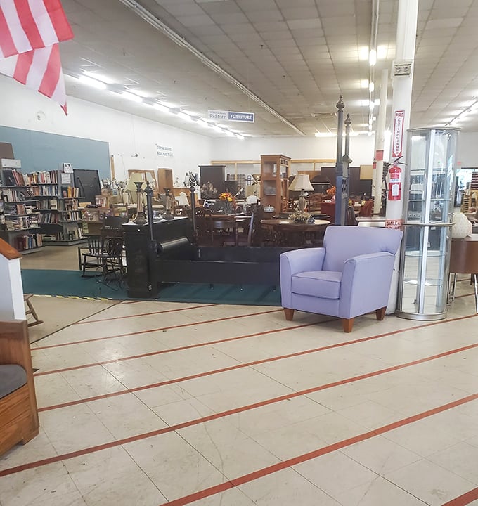 A lavender armchair stands sentinel among furniture islands, silently whispering, "Take me home, I'm comfier than I look!"