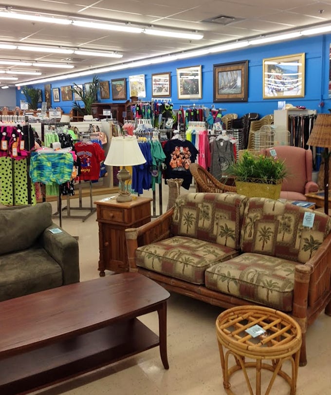 Blue walls provide the perfect backdrop for this treasure hunt, where palm-patterned furniture meets vintage lamps in perfect Florida harmony.