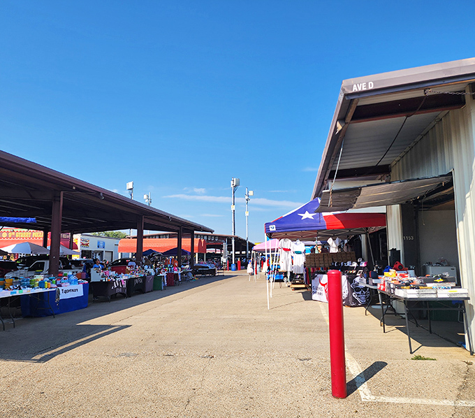 Rows of vendor stalls stretch toward the horizon under brilliant blue Texas skies, creating shopping avenues that would make mall developers weep with envy.