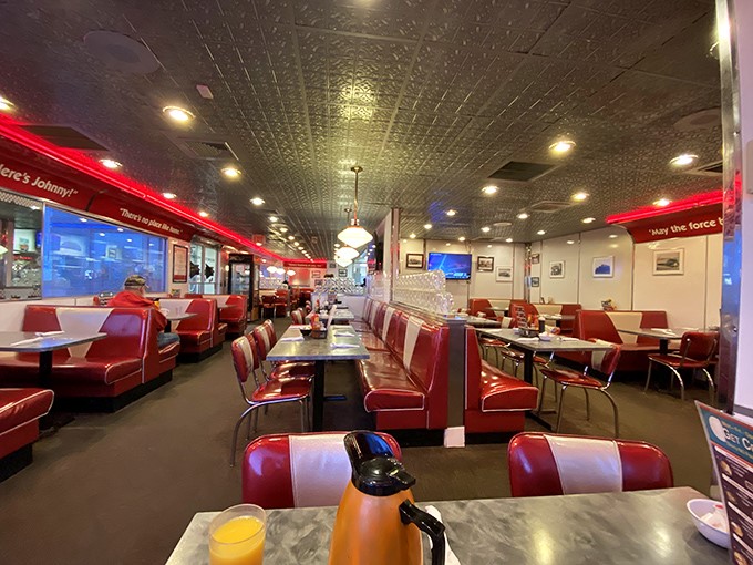 Red vinyl booths and pressed tin ceilings &ndash; walking into Mel's feels like stepping into a Norman Rockwell painting where calories don't count and coffee refills are infinite.