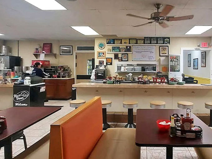 Classic diner counter seating where breakfast dreams come true. Those spinning stools have witnessed countless "first bite" food epiphanies.