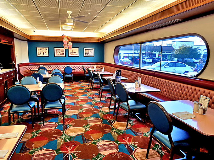 Step into a time machine where the carpet explodes with atomic-age patterns and the booths invite you to slide in for a while.