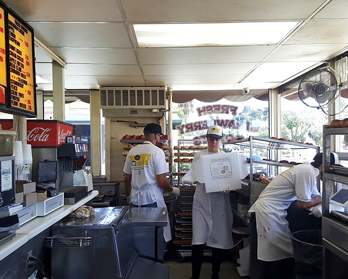 Behind the counter, the donut artisans work their magic in a choreographed dance of efficiency that would make Fred Astaire jealous.