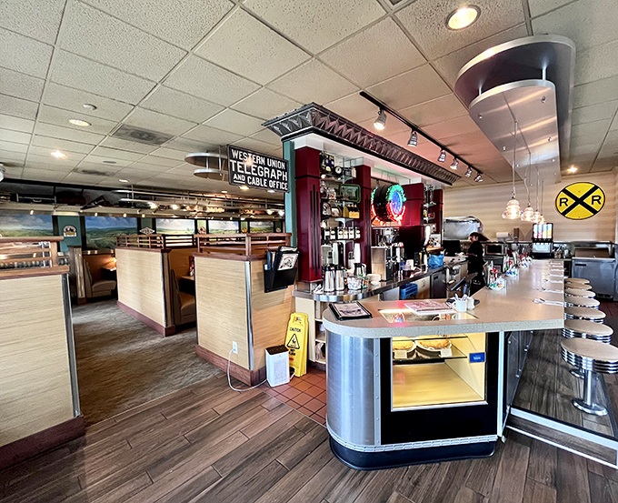 Classic diner charm meets Pacific Northwest comfort. The Western Union Telegraph sign hints at history while the counter beckons with promises of coffee refills.
