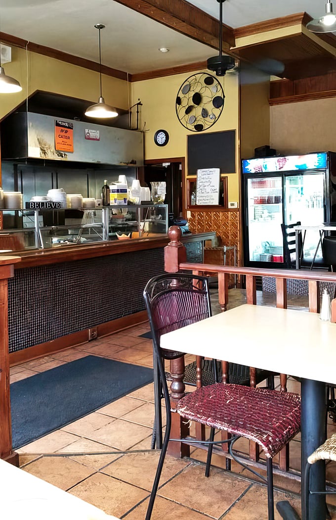 Inside, warm wood accents and simple furnishings let you know the focus here is squarely on the food, not fancy decor.