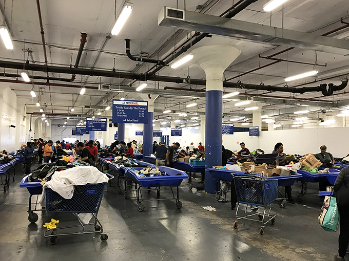 Welcome to the blue bin jungle! This cavernous space is where retail therapy meets archaeological expedition, with shoppers mining for buried treasures by the pound.