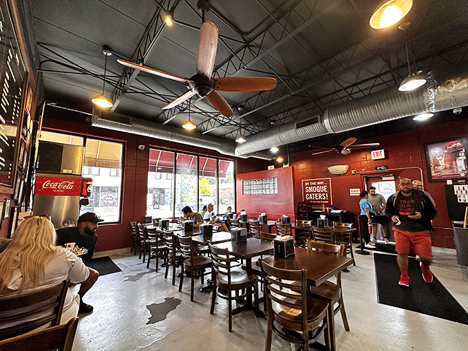 Inside, the no-nonsense dining room says everything you need to know: We're here for the meat, not the marble countertops or fancy lighting fixtures.