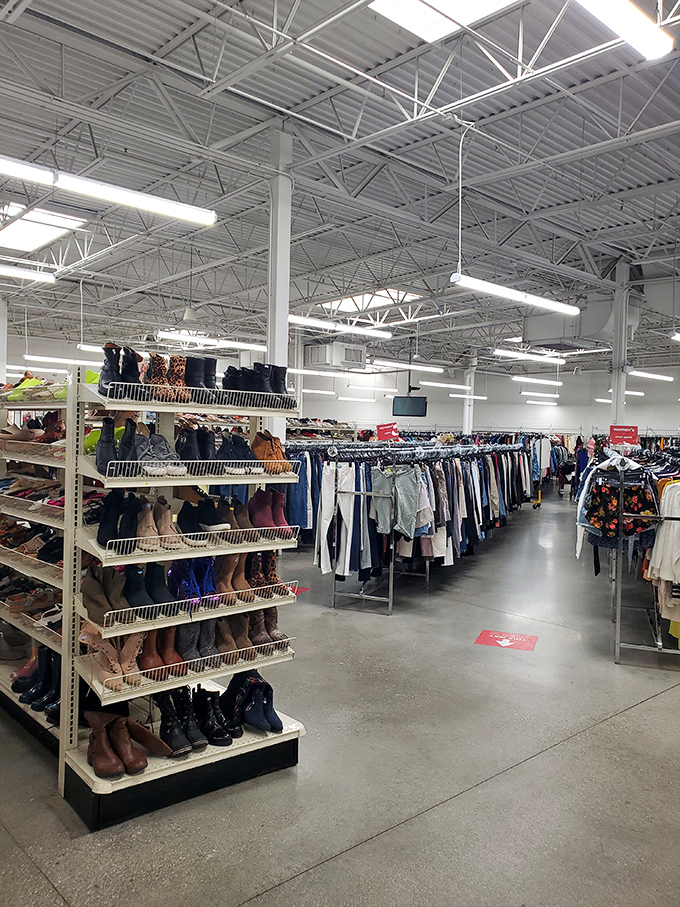 Endless racks stretch toward the horizon like a retail Grand Canyon. The sheer scale of inventory makes this thrift store a day-trip destination.