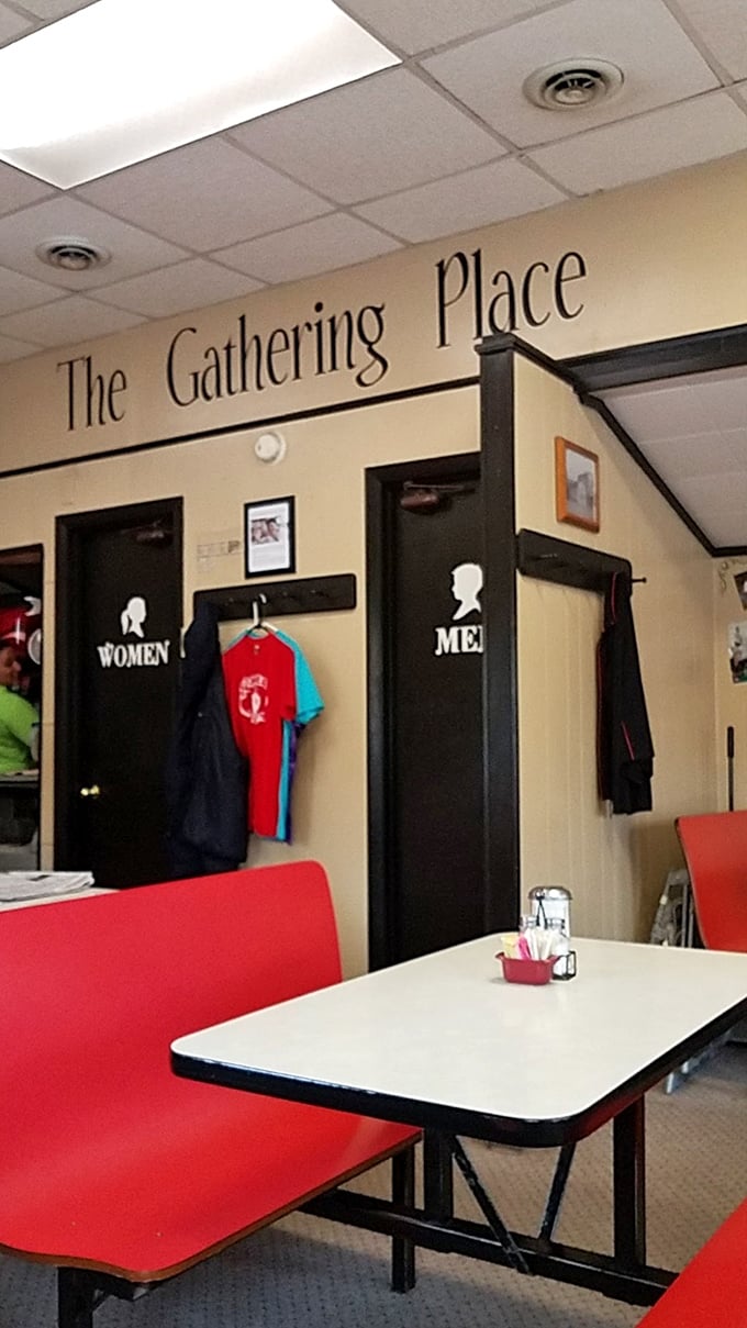 The Gathering Place isn't just a sign&mdash;it's truth in advertising. Red booths invite you to settle in for conversation that flows as freely as the coffee.