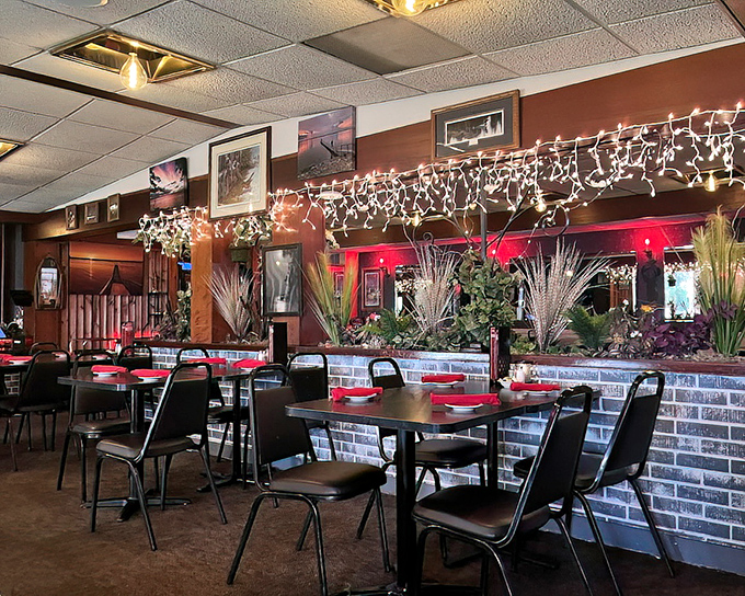 String lights and brick walls create that perfect "special occasion that happens every day" atmosphere where memories are made between bites.