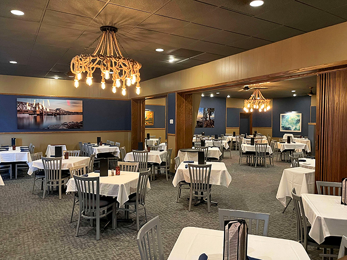 White tablecloths, elegant chandeliers, and comfortable spacing between tables&mdash;the dining room strikes that perfect balance between special and comfortable.