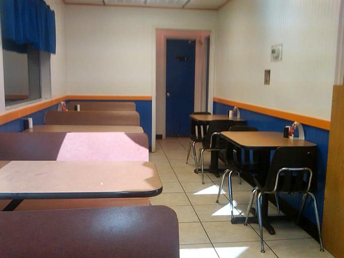 No-frills dining at its finest. This blue and orange interior won't win design awards, but that's because all the artistry happens in the kitchen.