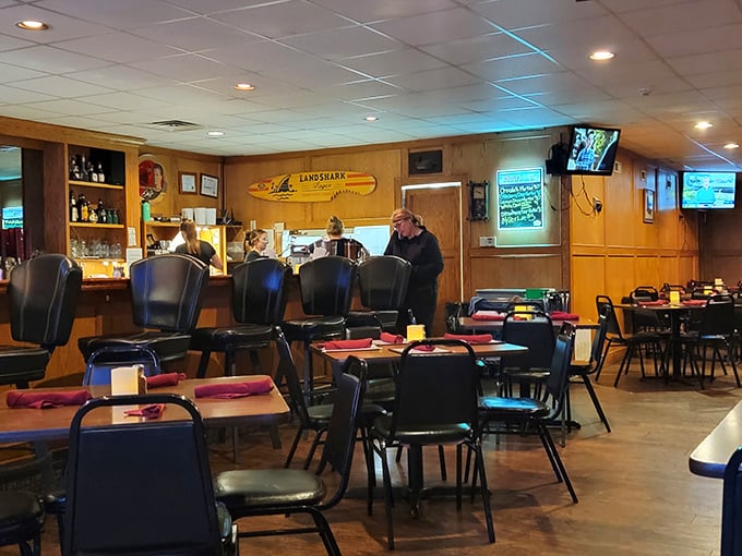 Inside, the Land Shark Lager sign and wood-paneled walls create that perfect neighborhood bar vibe we all crave.
