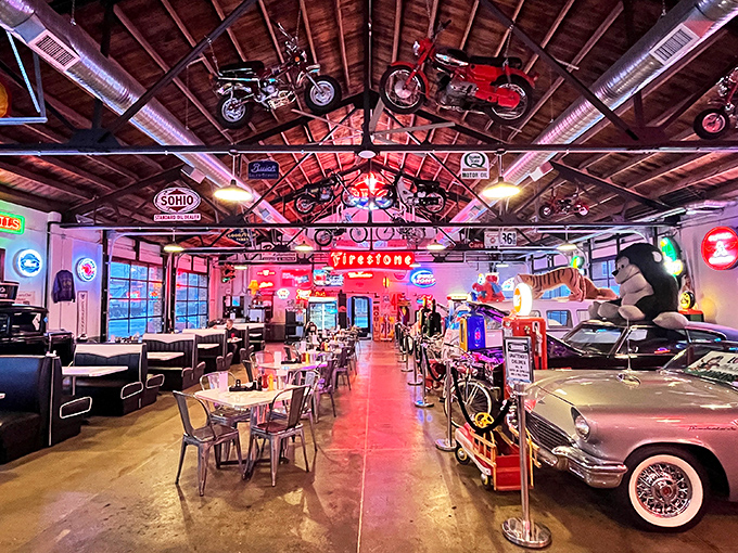Vintage motorcycles suspended from wooden rafters and classic cars parked inside&mdash;this isn't just a diner, it's a time machine with table service.