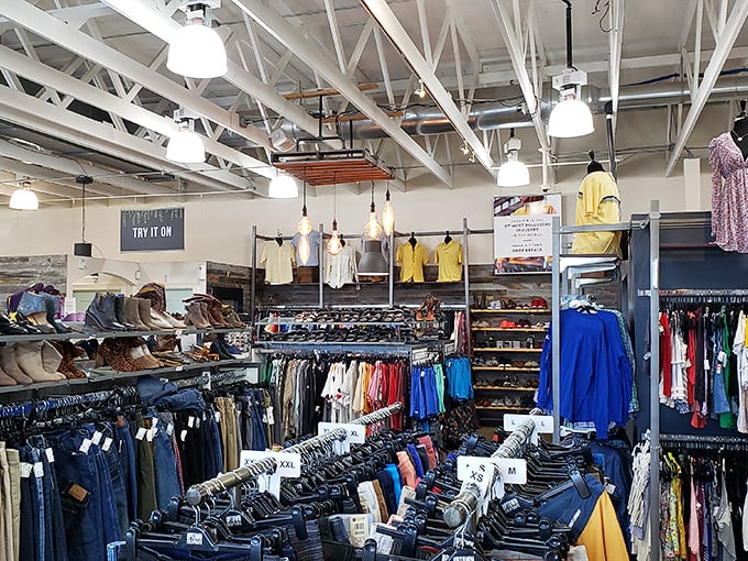 Fashion archaeology without the dust. Meticulously organized racks make treasure hunting a breeze, with denim discoveries waiting around every corner.