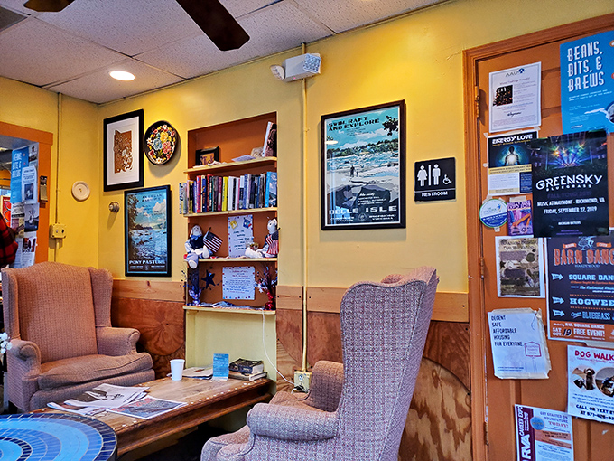 Comfy armchairs and local art transform this corner of Crossroads into everyone's fantasy living room&mdash;if your living room served exceptional coffee and had interesting strangers to eavesdrop on.