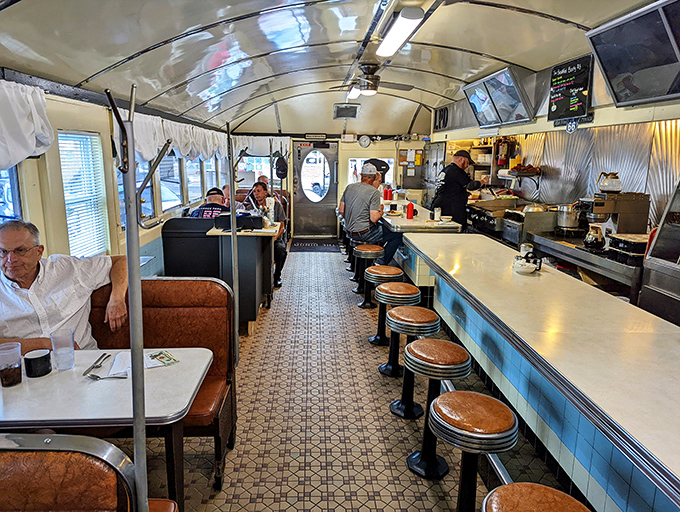 Step inside and time travel begins&mdash;curved ceiling, counter seating, and the symphony of spatulas on the griddle create the perfect breakfast soundtrack.