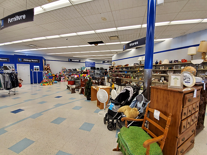 Department signs hanging from the ceiling create a roadmap for your treasure hunt. The checkerboard floor leads you through a wonderland of possibilities.